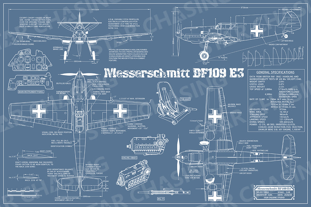 ZS110043 WWII Military Aviation Art Print Bf 109E-3 Blueprint Drawing ...